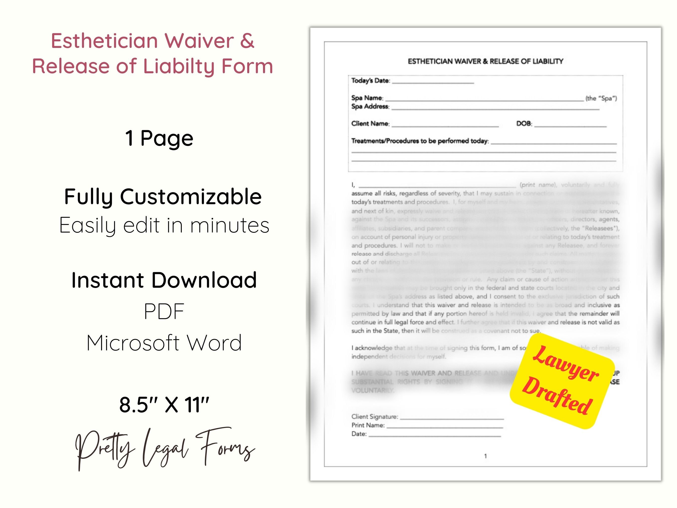 Esthetician Waiver Release of Liability Aesthetician Hold Harmless ...