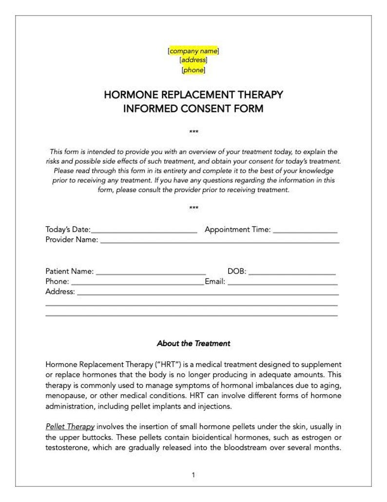 HRT Consent Form Hormone Replacement Therapy Informed Consent HRT ...