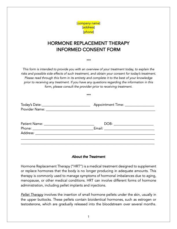 HRT Consent Form Hormone Replacement Therapy Informed Consent HRT Injections Intake Template HRT ...