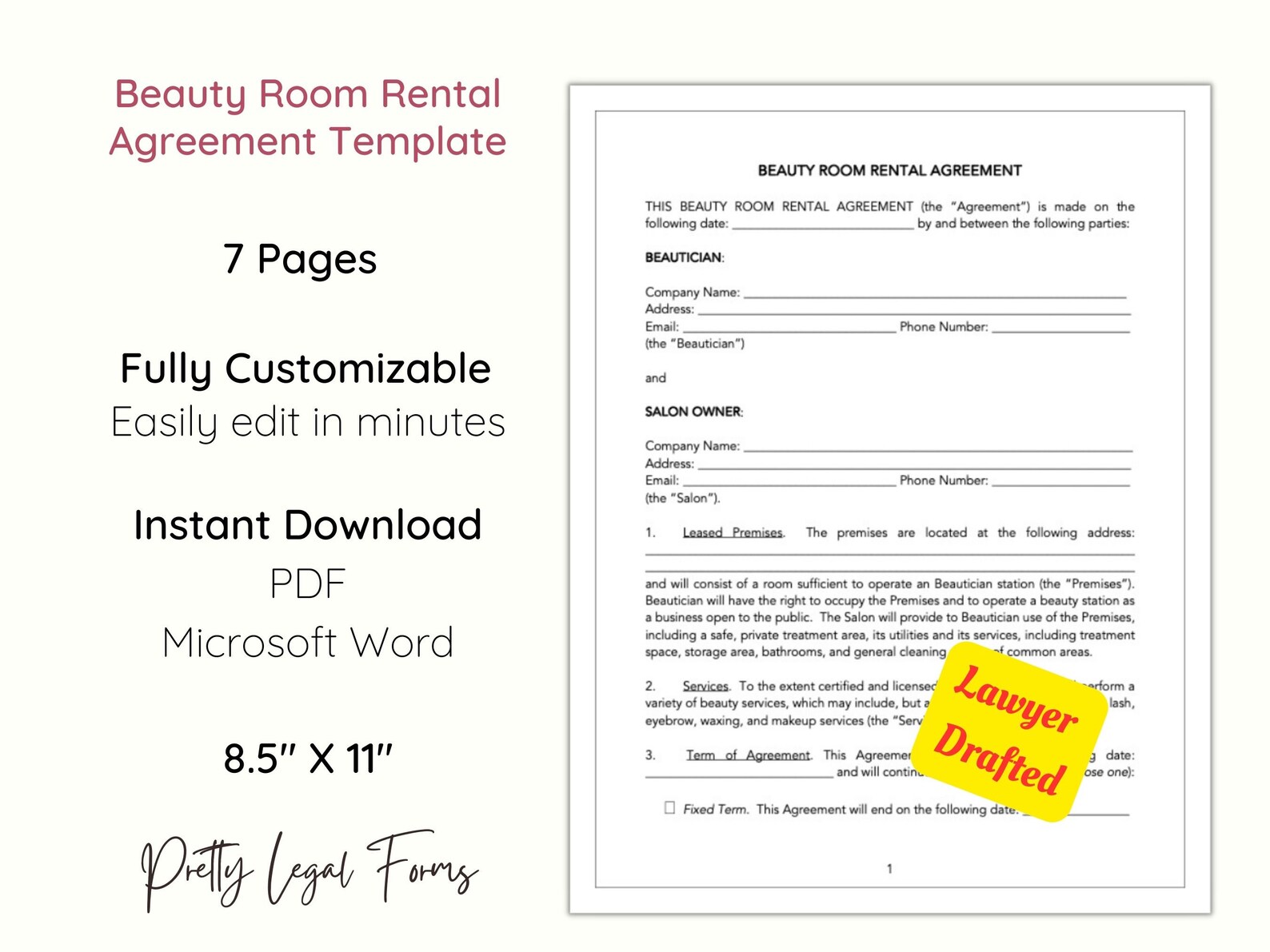 Beauty Room Rental Contract, Salon Booth Rental Agreement, Beauty Room ...