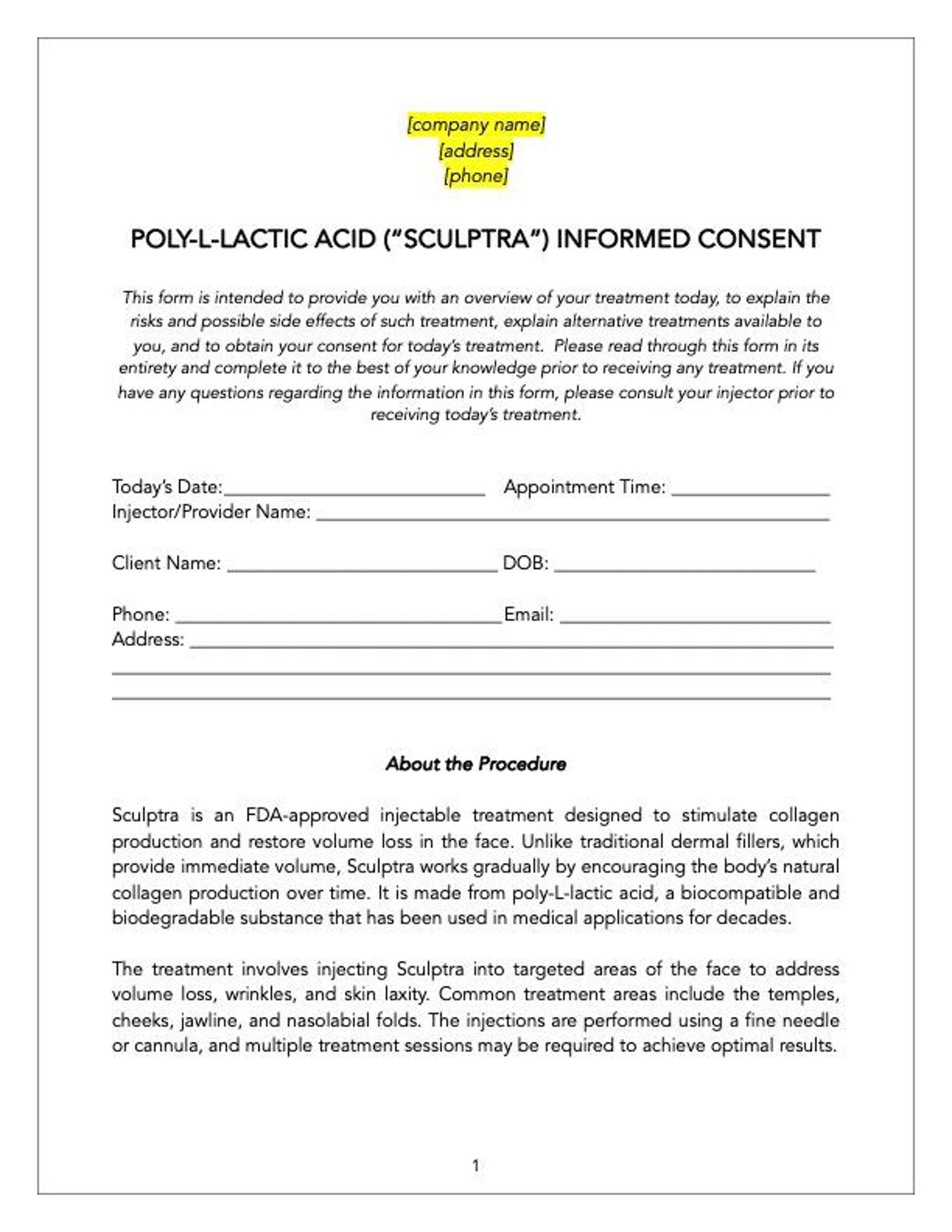 Sculptra Informed Consent Form Dermal Filler Consent Template Medical ...
