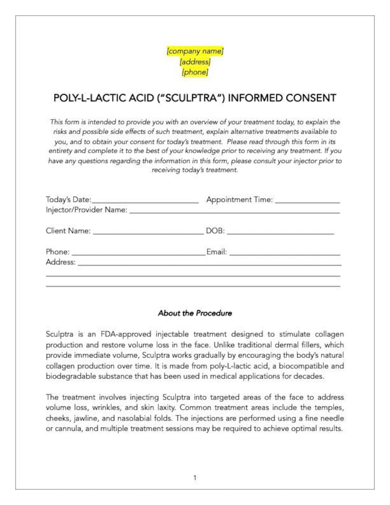 Sculptra Informed Consent Form Dermal Filler Consent Template Medical ...