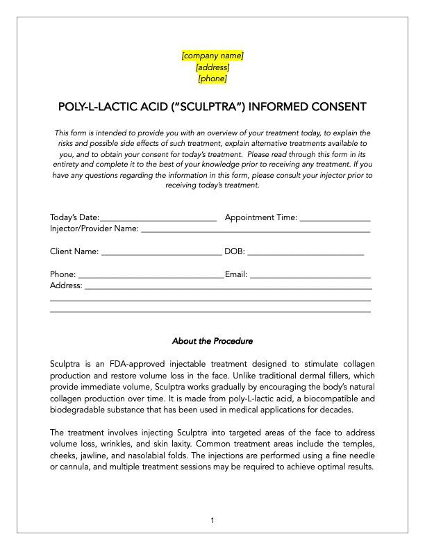 Sculptra Informed Consent Form Dermal Filler Consent Template Medical ...