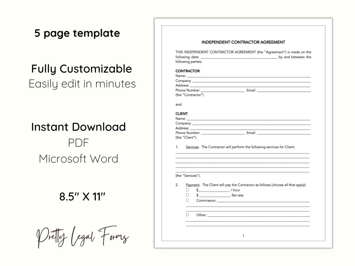 Independent Contractor Agreement Contract Template, 1099 Hiring Work ...