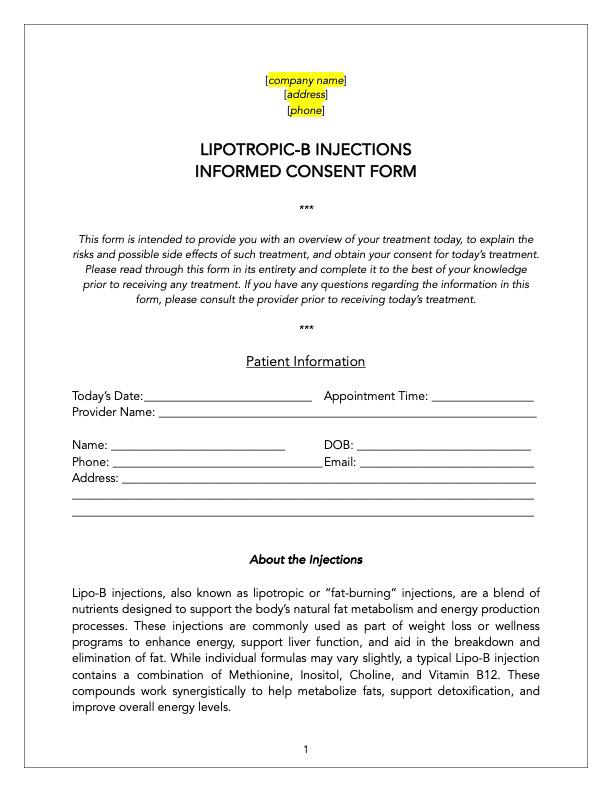 Lipotropic B Injection Informed Consent Form Lipo B Consent Template ...