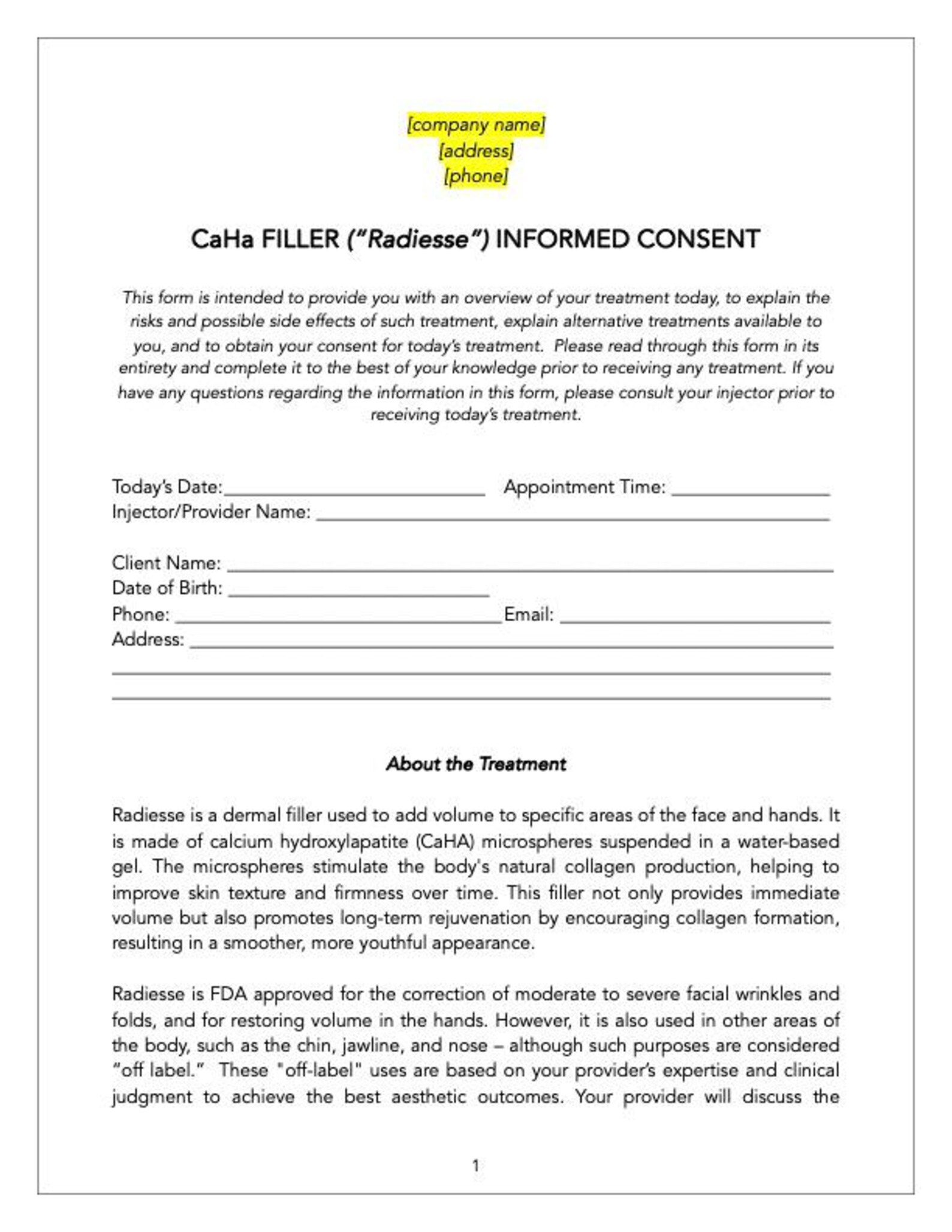Radiesse Informed Consent Form Caha Dermal Filler Consent Template ...