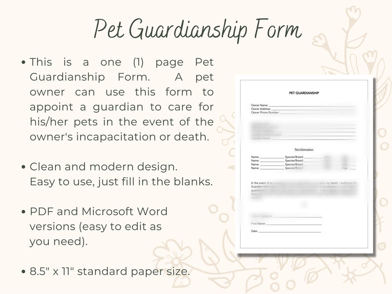 Pet Sitter Forms Guardianship Form for Pets Pet Sitting Legal Templates ...