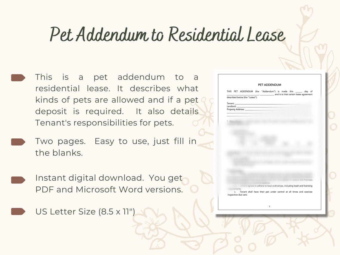 Pet Addendum to Residential Lease | Residential Lease Forms for Tenants ...