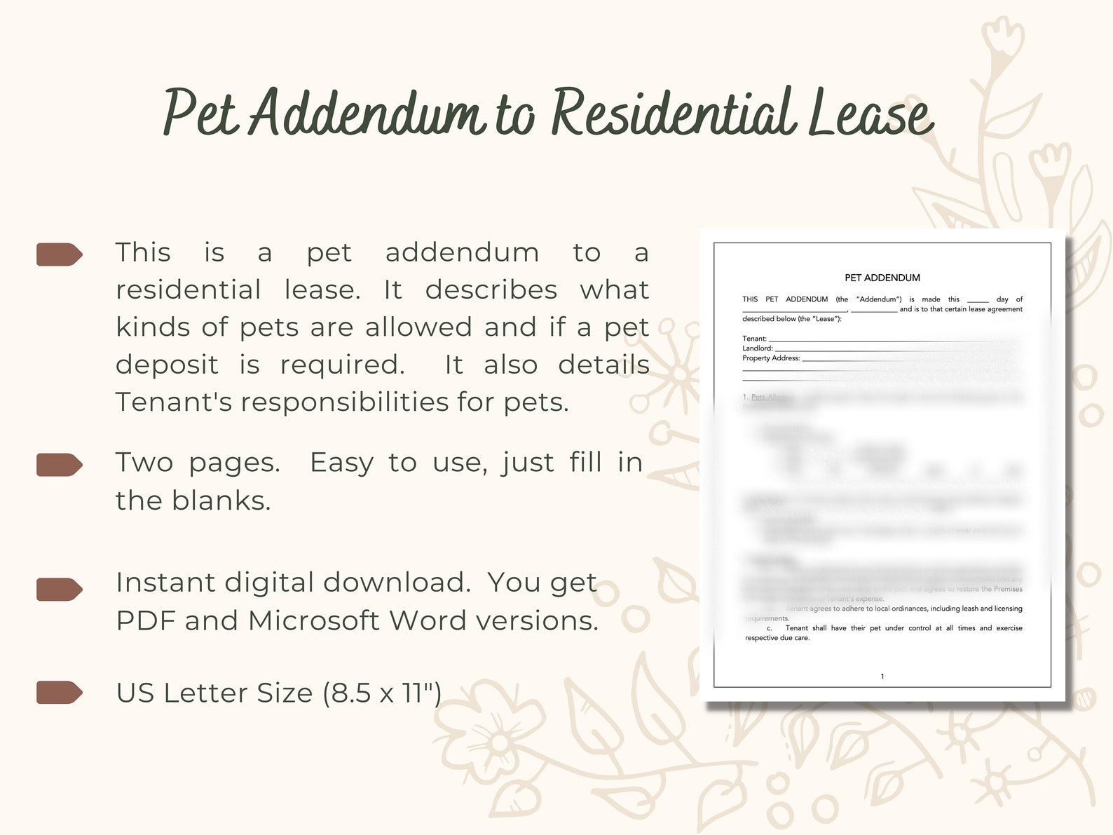 Pet Addendum to Residential Lease | Residential Lease Forms for Tenants ...