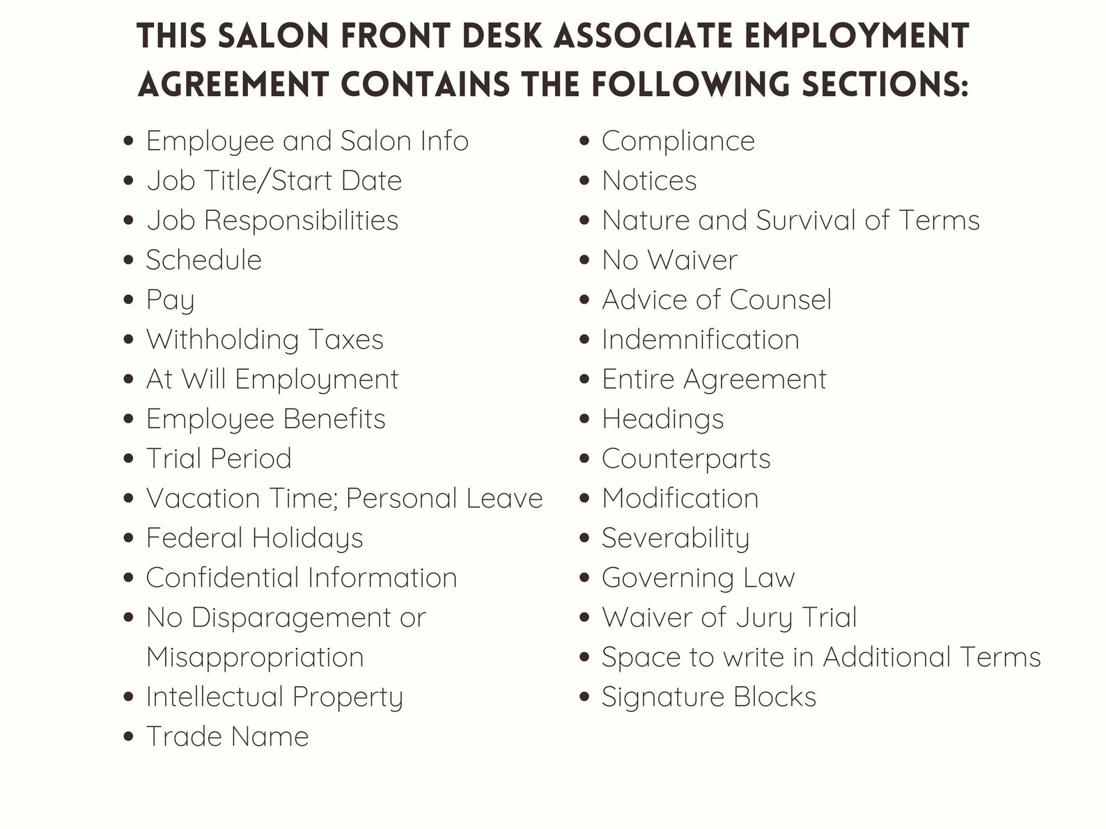 Salon Front Desk Associate Employment Agreement Salon Receptionist ...