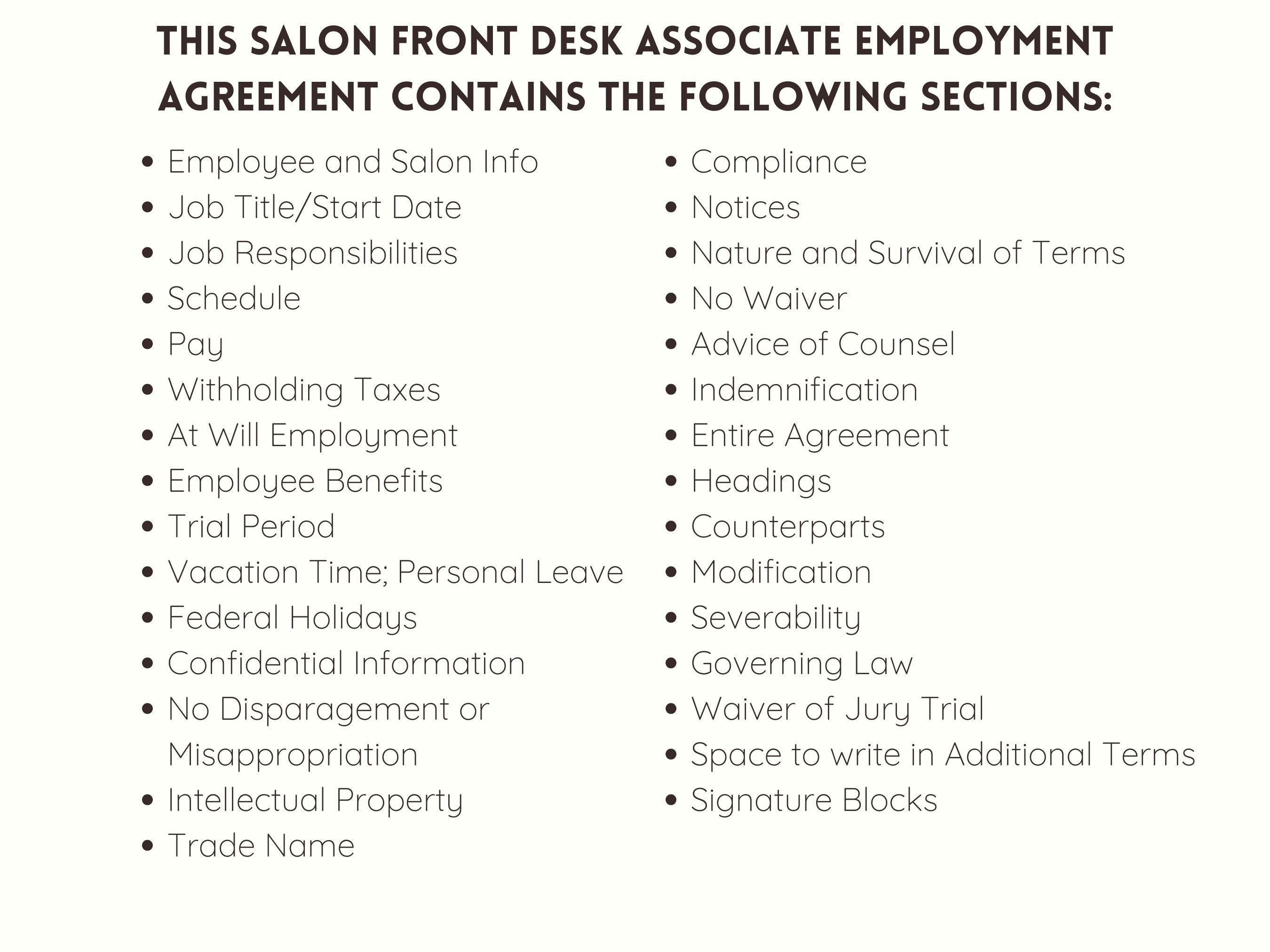 Salon Front Desk Associate Employment Agreement Salon Receptionist ...