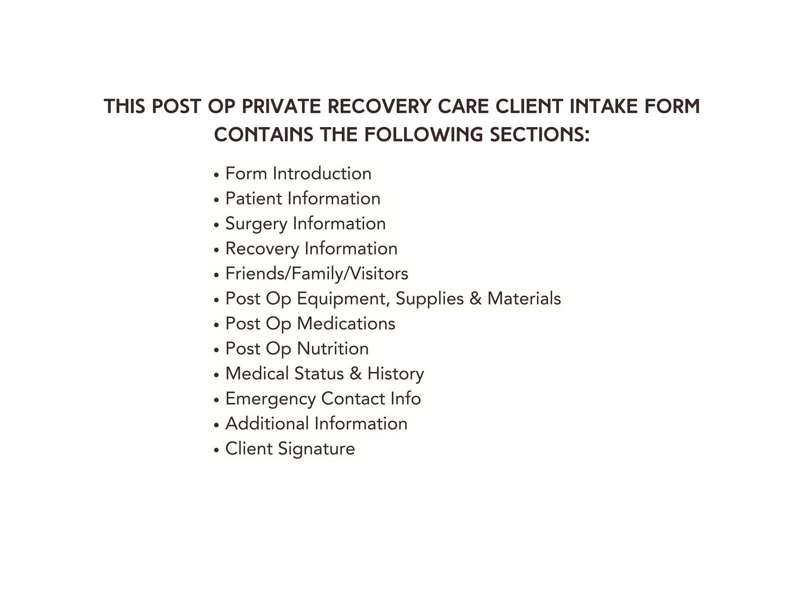 Post Op Recovery Intake Form Recovery Nurse Medical Questionnaire Home ...