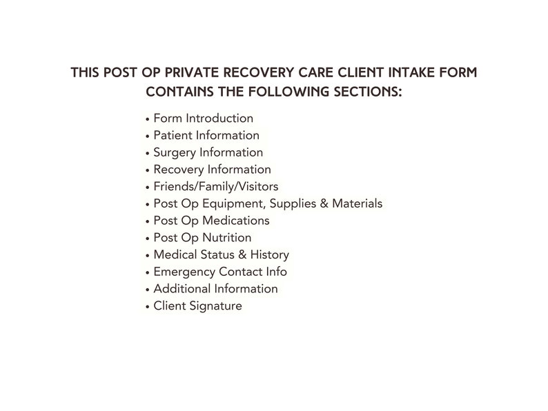 Post Op Recovery Intake Form Recovery Nurse Medical Questionnaire Home ...