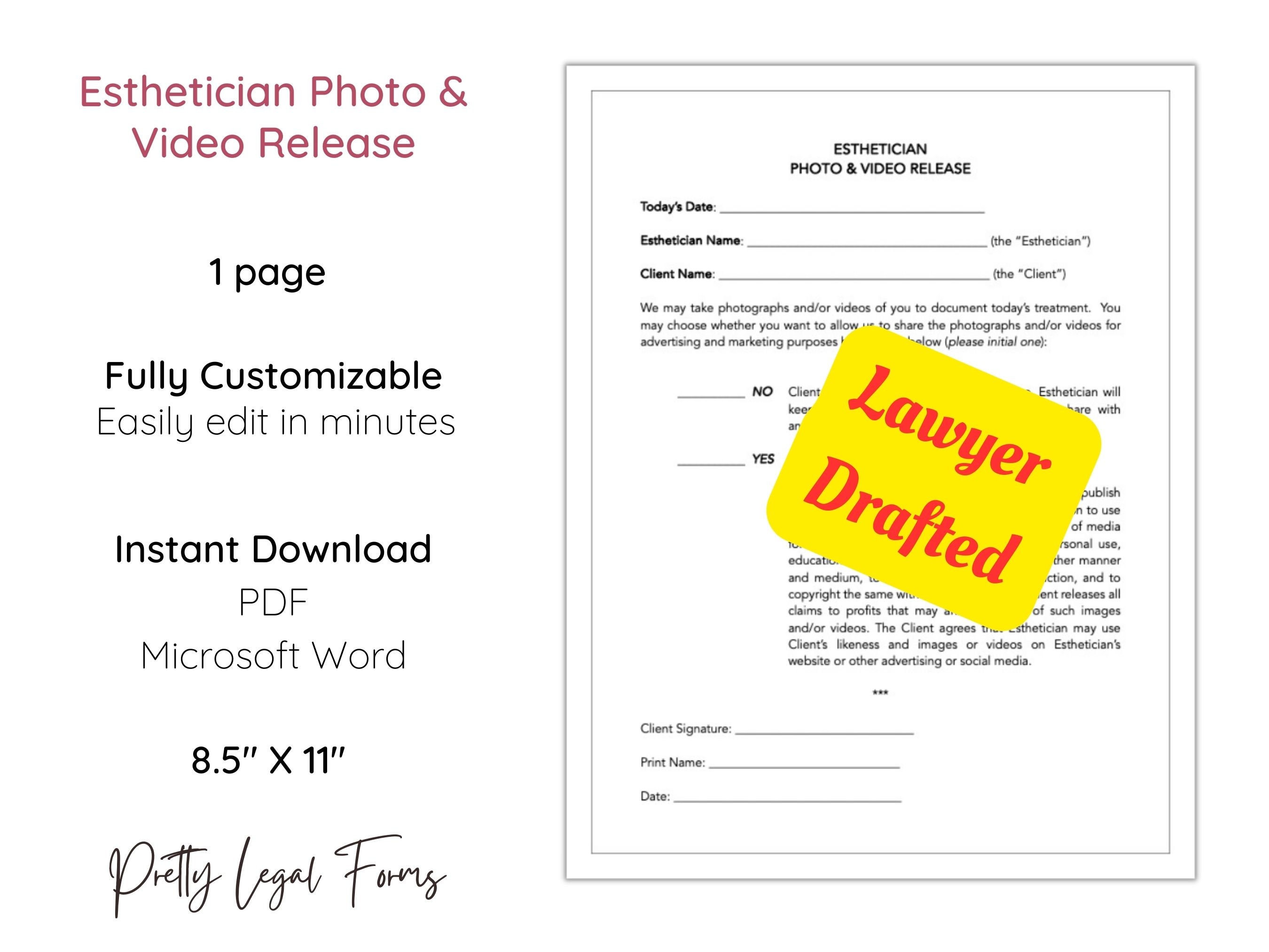 Esthetician Photo Video Release, Aesthetician Client Consent Forms ...