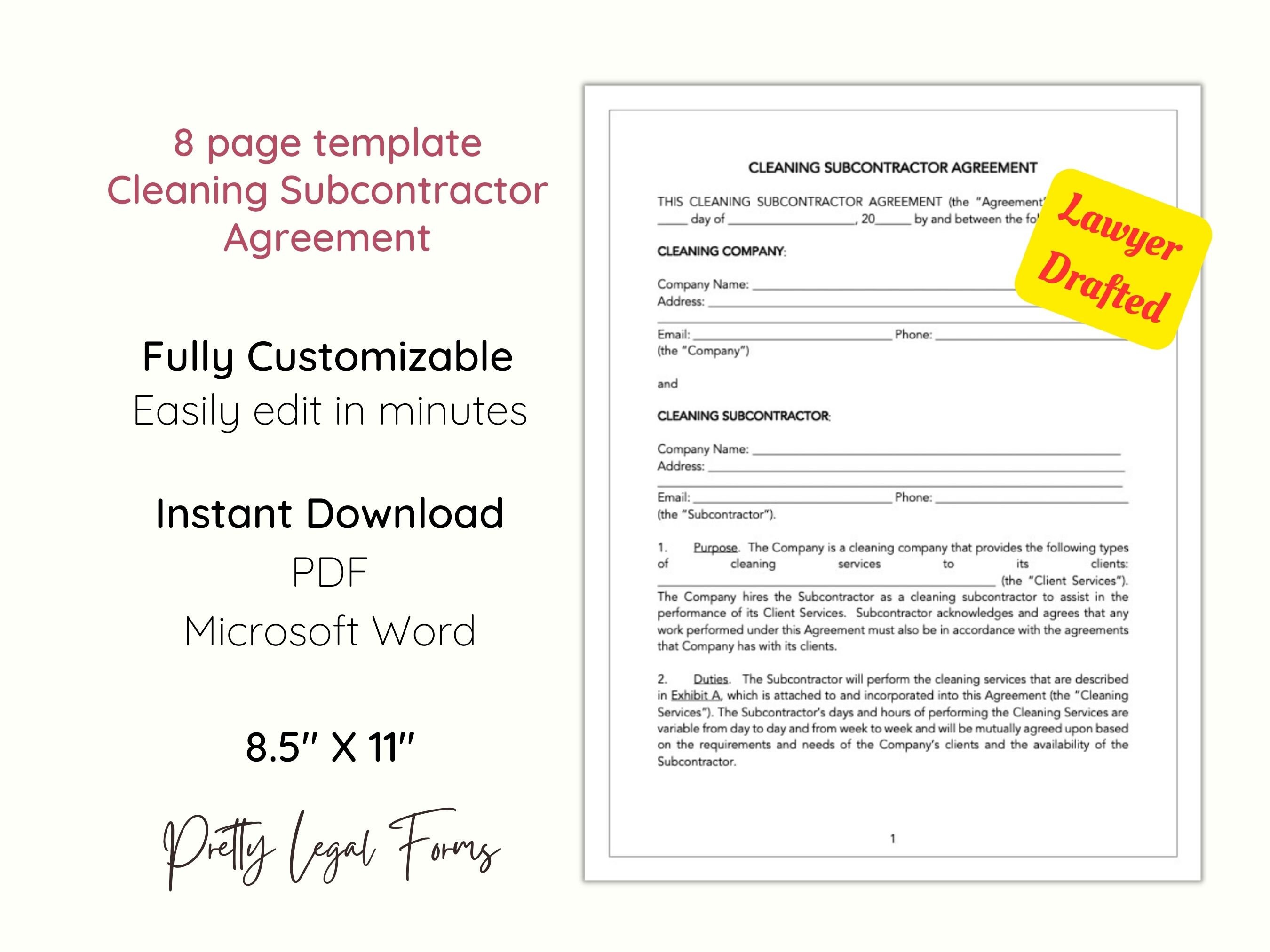 Cleaning Subcontractor Agreement Cleaner Subcontractor Service Contract Template for ...