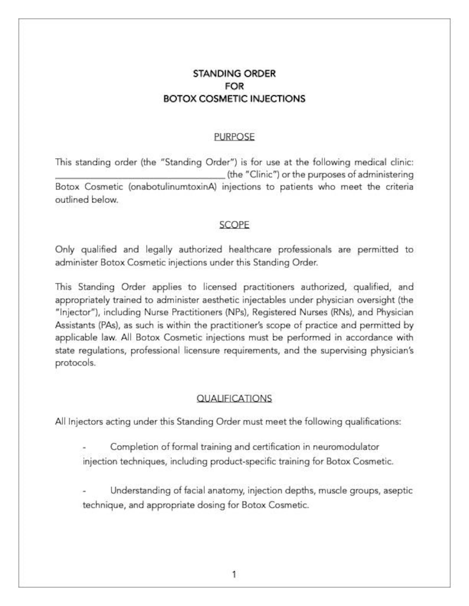 Botox Standing Order Template Botox Injections Protocol Medical Spa SOP ...
