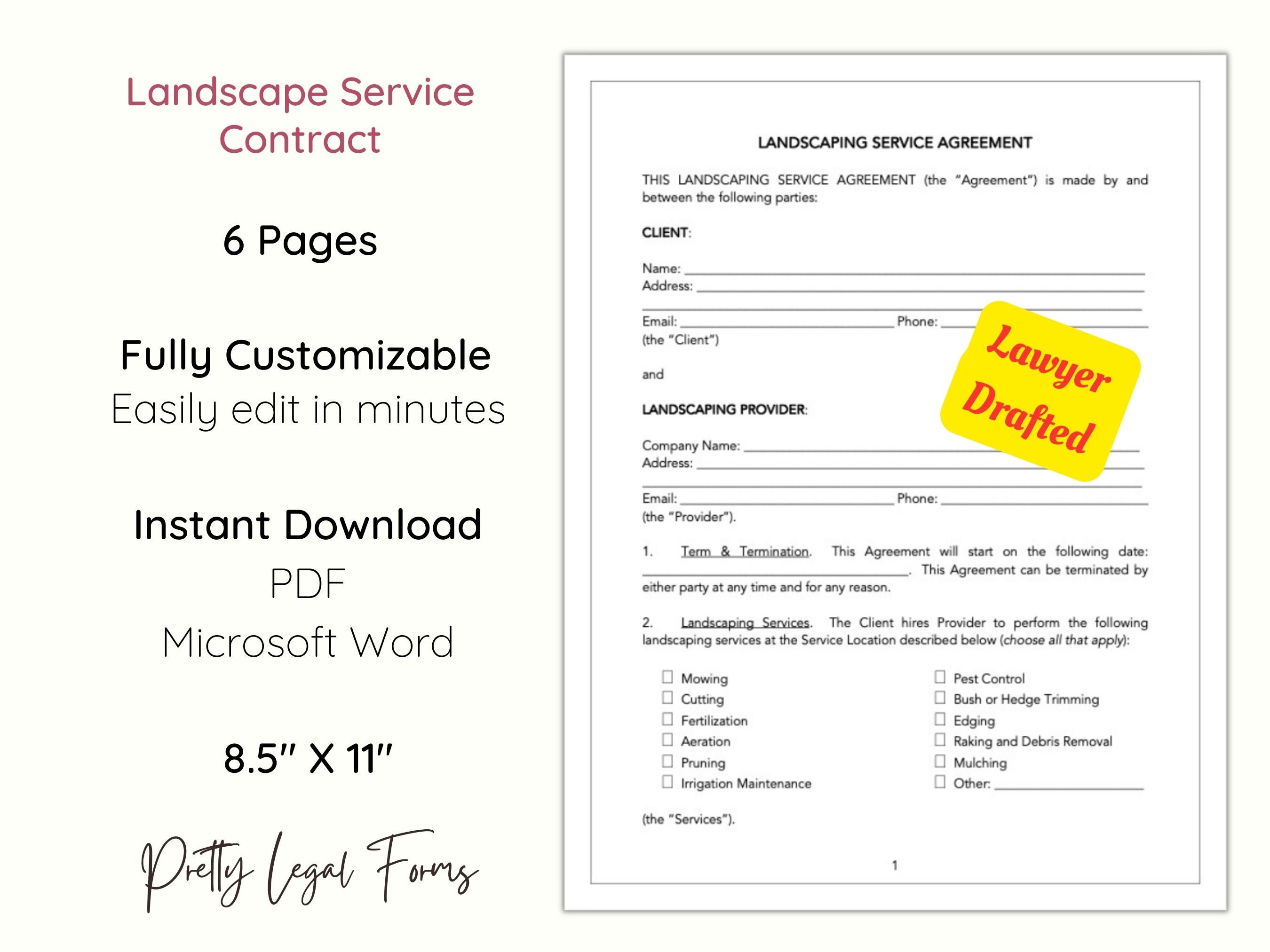 Landscape Contract, Landscaping Service Agreement, Lawn Care Contract ...