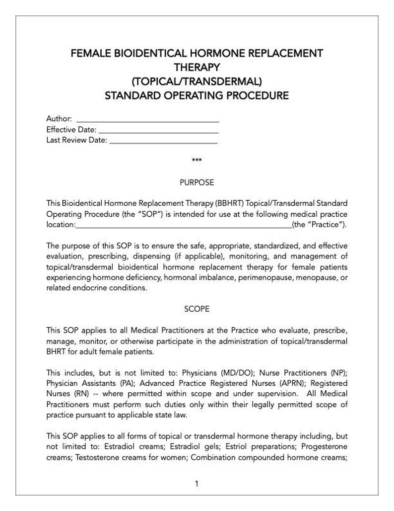 Female BHRT Topical SOP Template | Women’s Hormone Therapy Policy ...