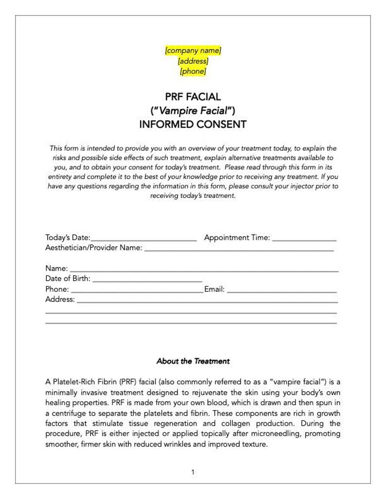 PRF Informed Consent Platelet Rich Fibrin Vampire Facial Consent PRF ...