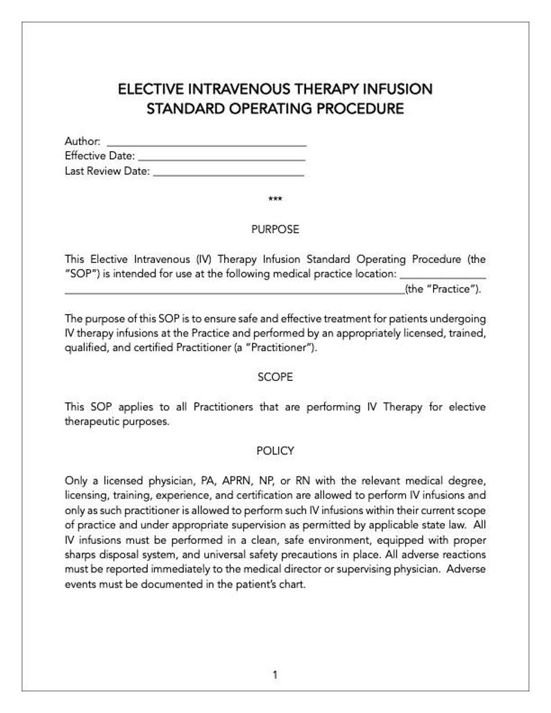 IV Therapy SOP Protocol Template for IV Hydration Business | Policies ...