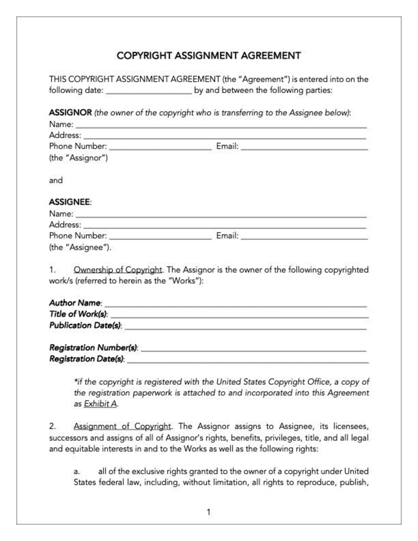 Copyright Assignment Agreement Copyright Transfer Contract Template ...