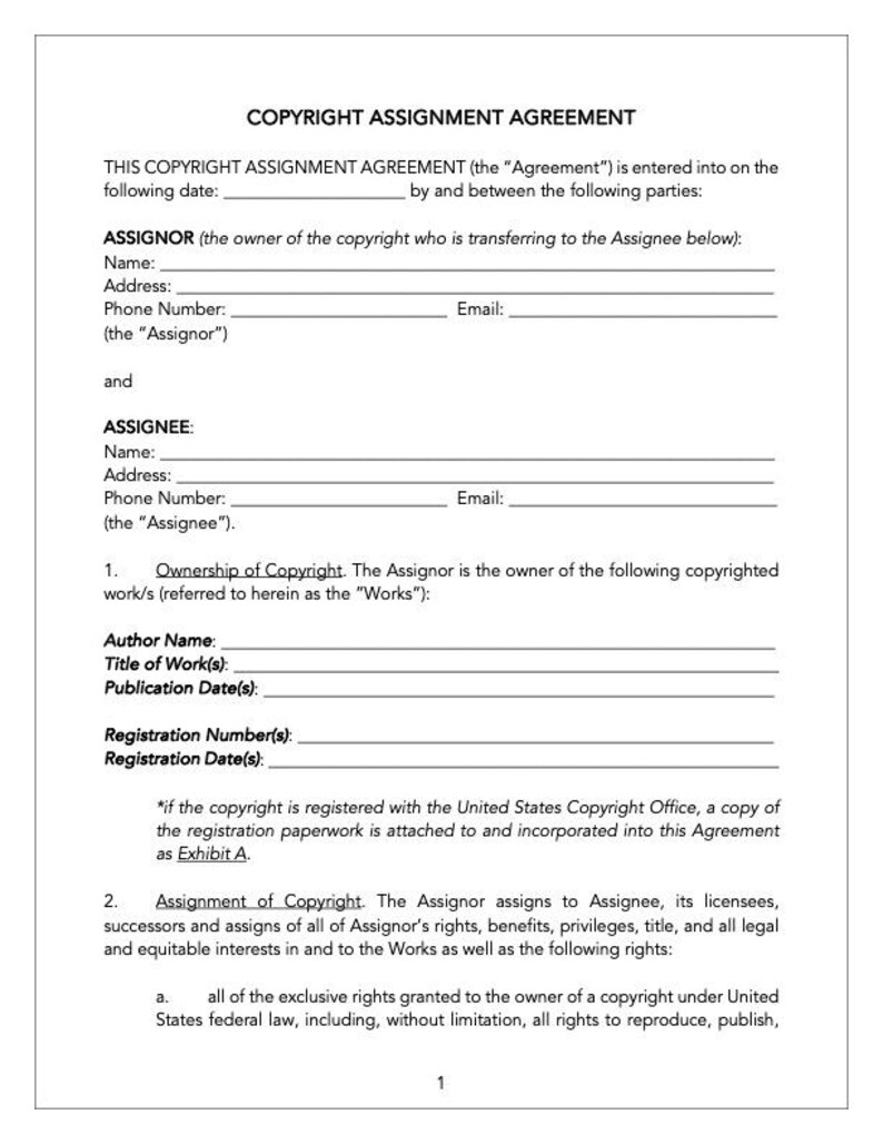Copyright Assignment Agreement Copyright Transfer Contract Template ...
