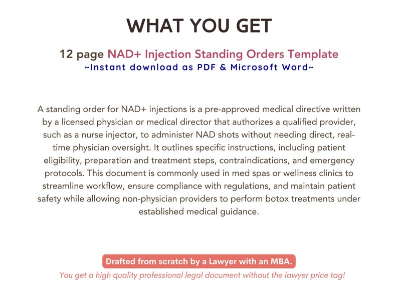 NAD+ Standing Order Template NAD Injections Protocol Medical Spa Sop ...