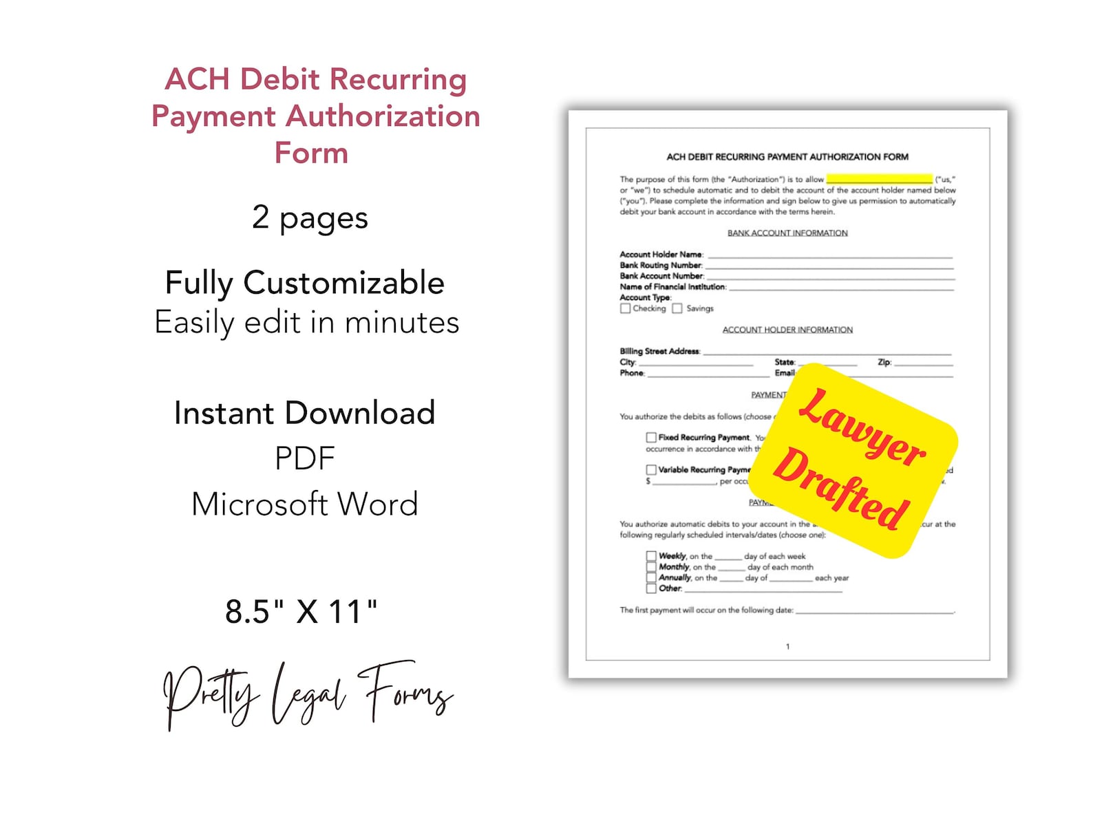 ACH Debit Authorization Form Recurring Payments Automatic Payment Form ...