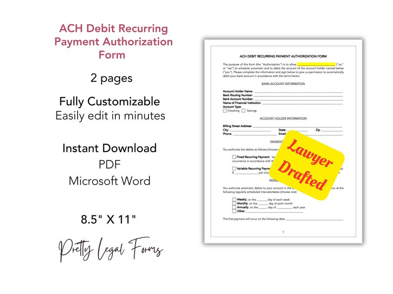 ACH Debit Authorization Form Recurring Payments Automatic Payment Form ...