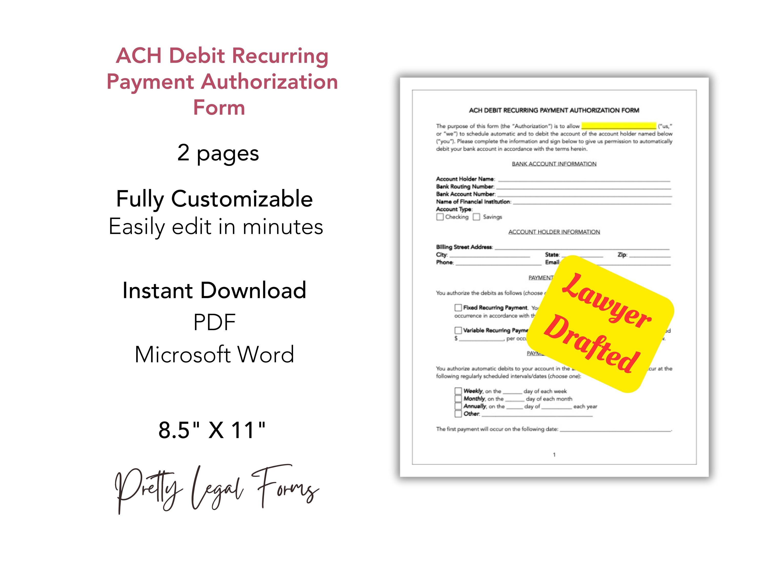 ACH Debit Authorization Form Recurring Payments Automatic Payment Form ...