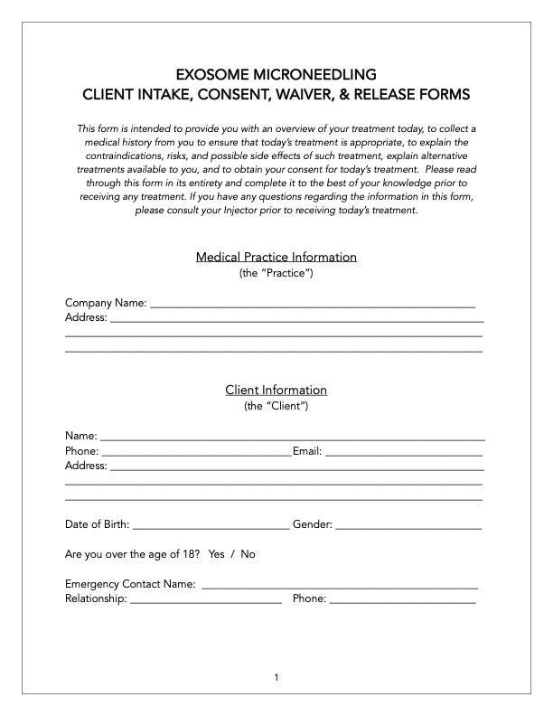Exosome Microneedling Client Intake Esthetician Forms Micro-needling ...