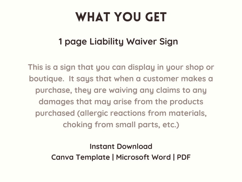 Shop Liability Waiver Store Sign CANVA Template, Boutique Liability ...