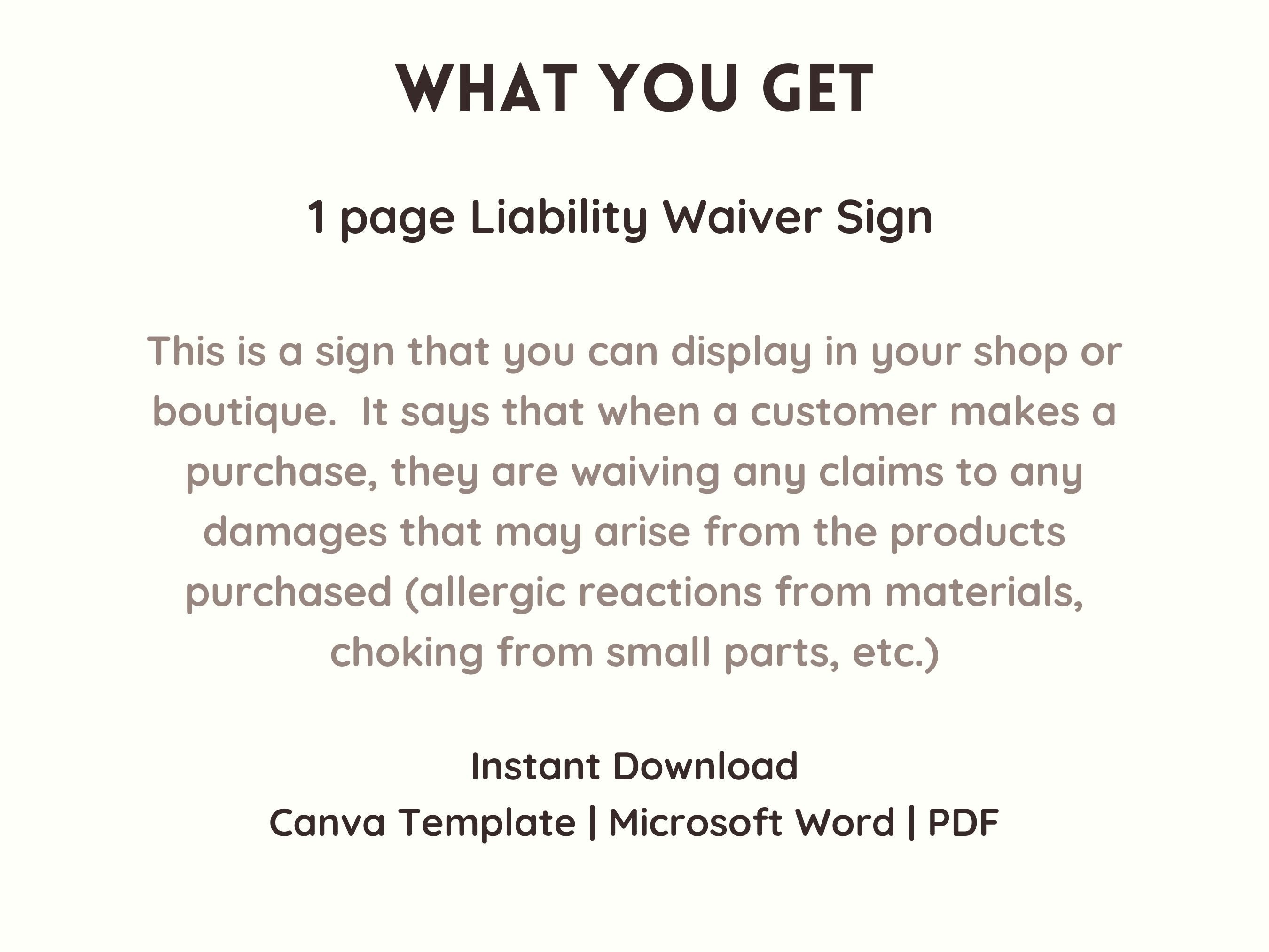 Shop Liability Waiver Store Sign CANVA Template, Boutique Liability ...