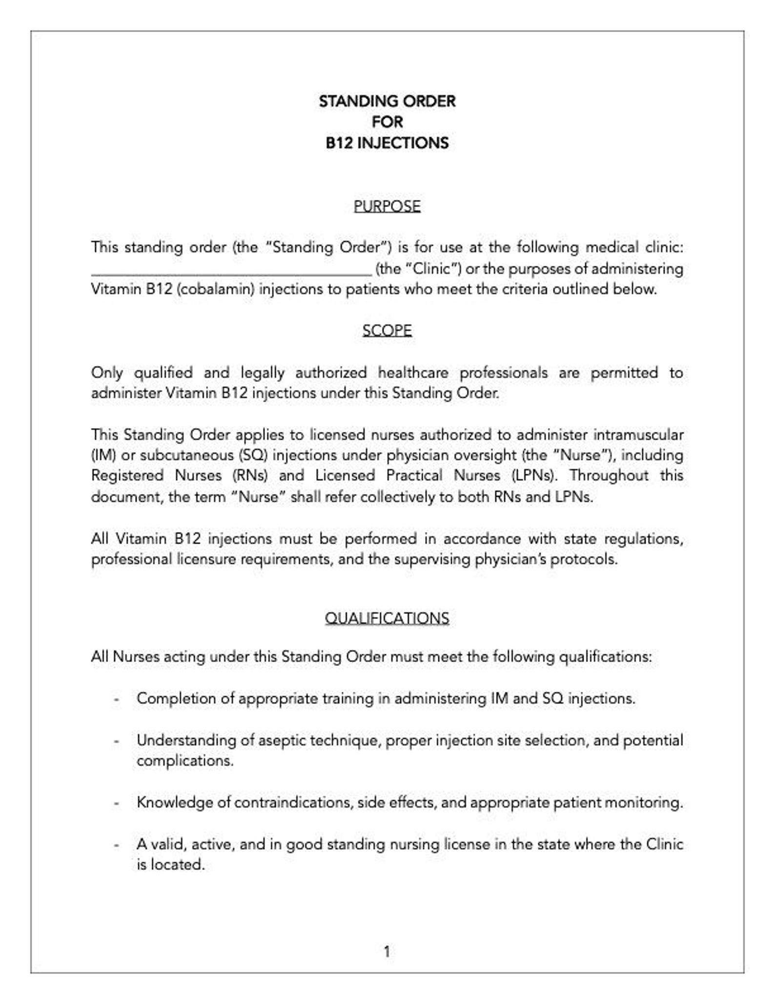 Vitamin B12 Injection Standing Order Template B12 Shots Protocol IV ...