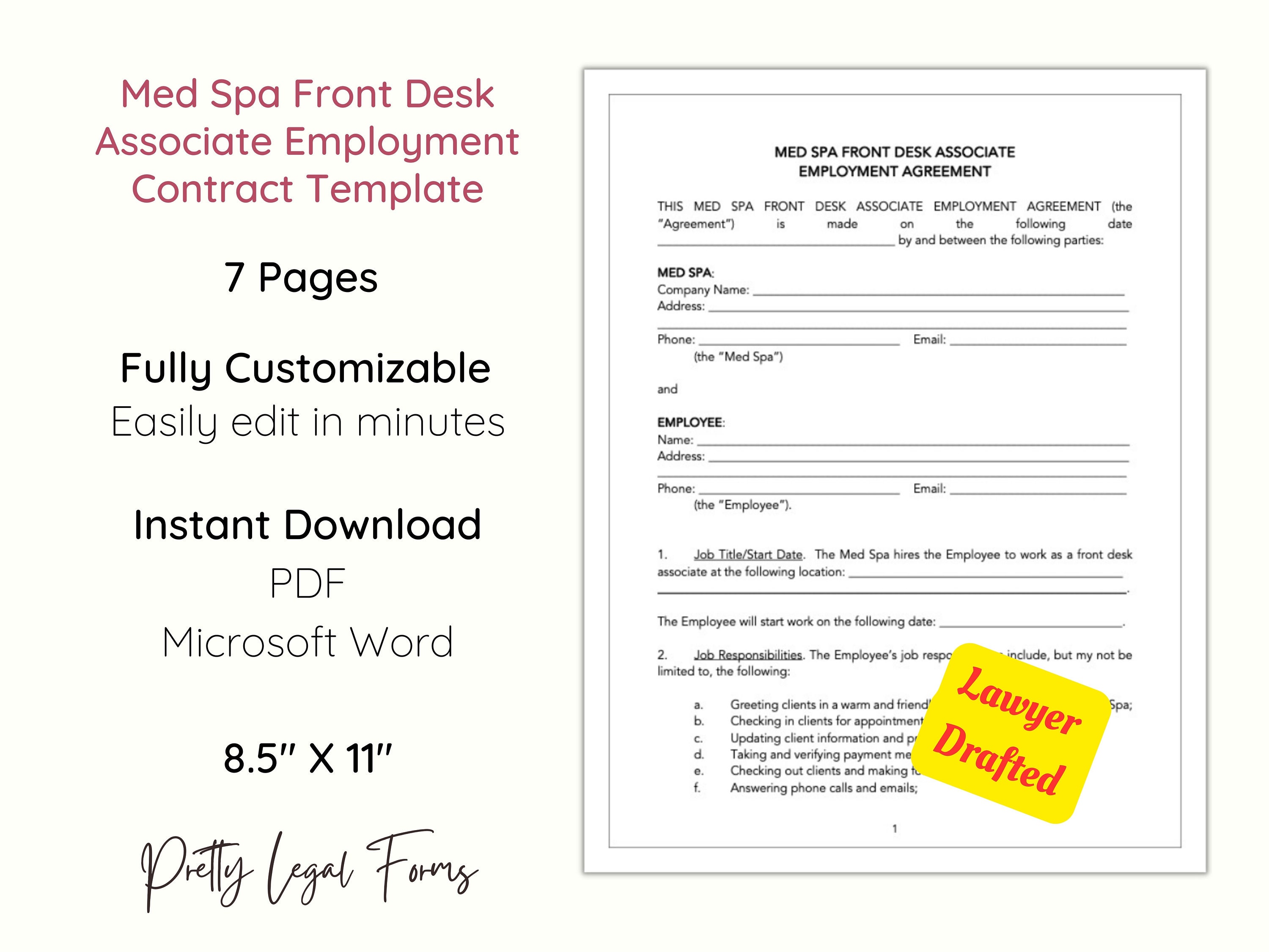 Medical Spa Front Desk Associate Employment Agreement Contract Template ...