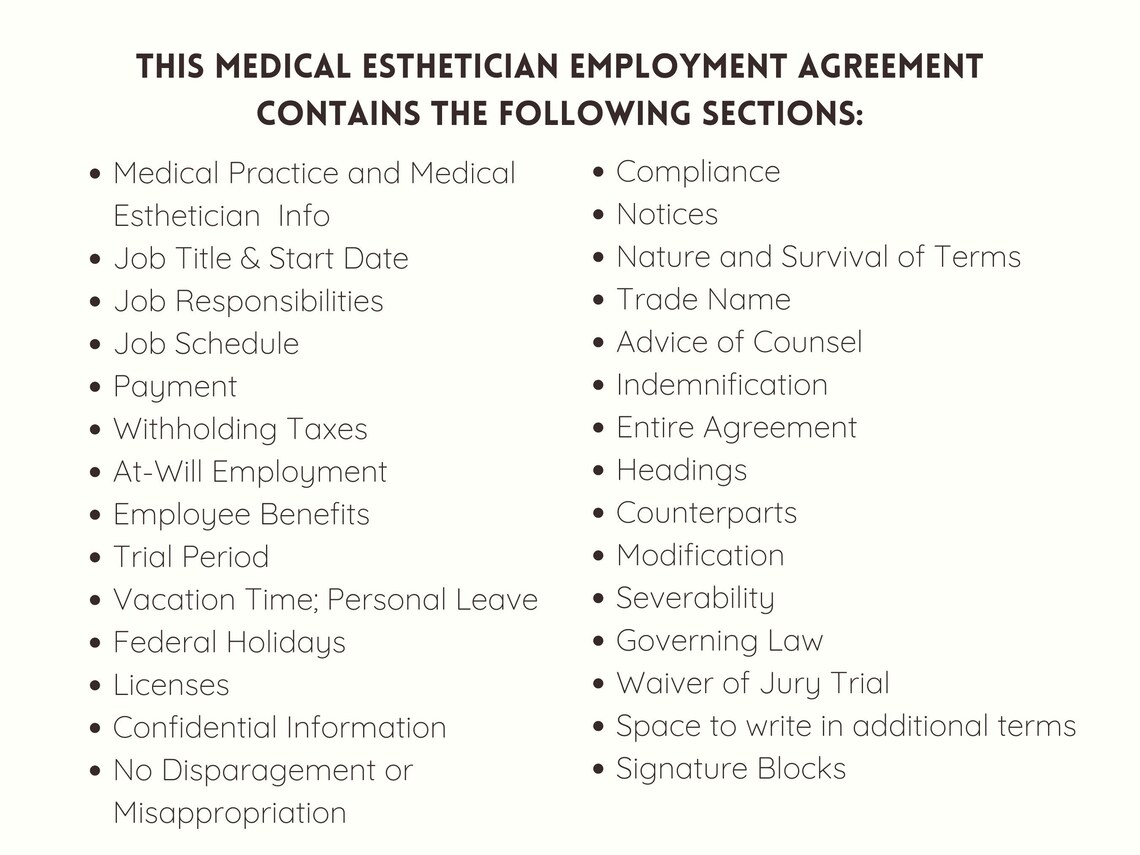 Medical Esthetician Employment Agreement Contract Template Aesthetician Employee Med Spa Hiring ...
