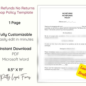 No Return No Refund Shop Policy Template, Return Policy for Perishable ...