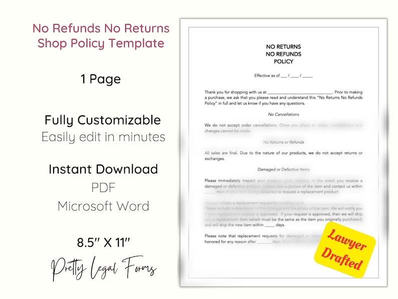 No Return No Refund Shop Policy Template, Return Policy for Perishable ...