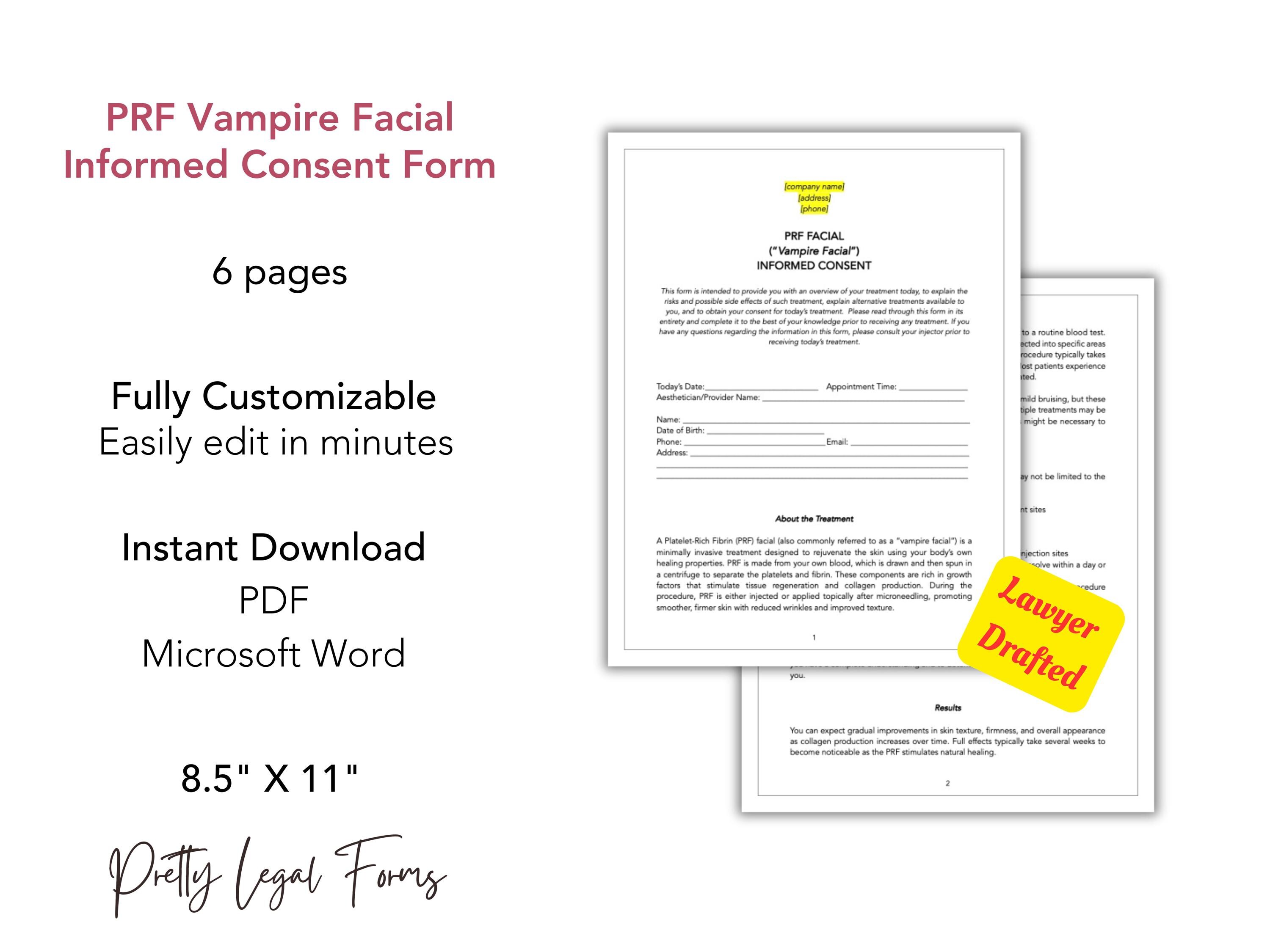 PRF Informed Consent Platelet Rich Fibrin Vampire Facial Consent PRF ...
