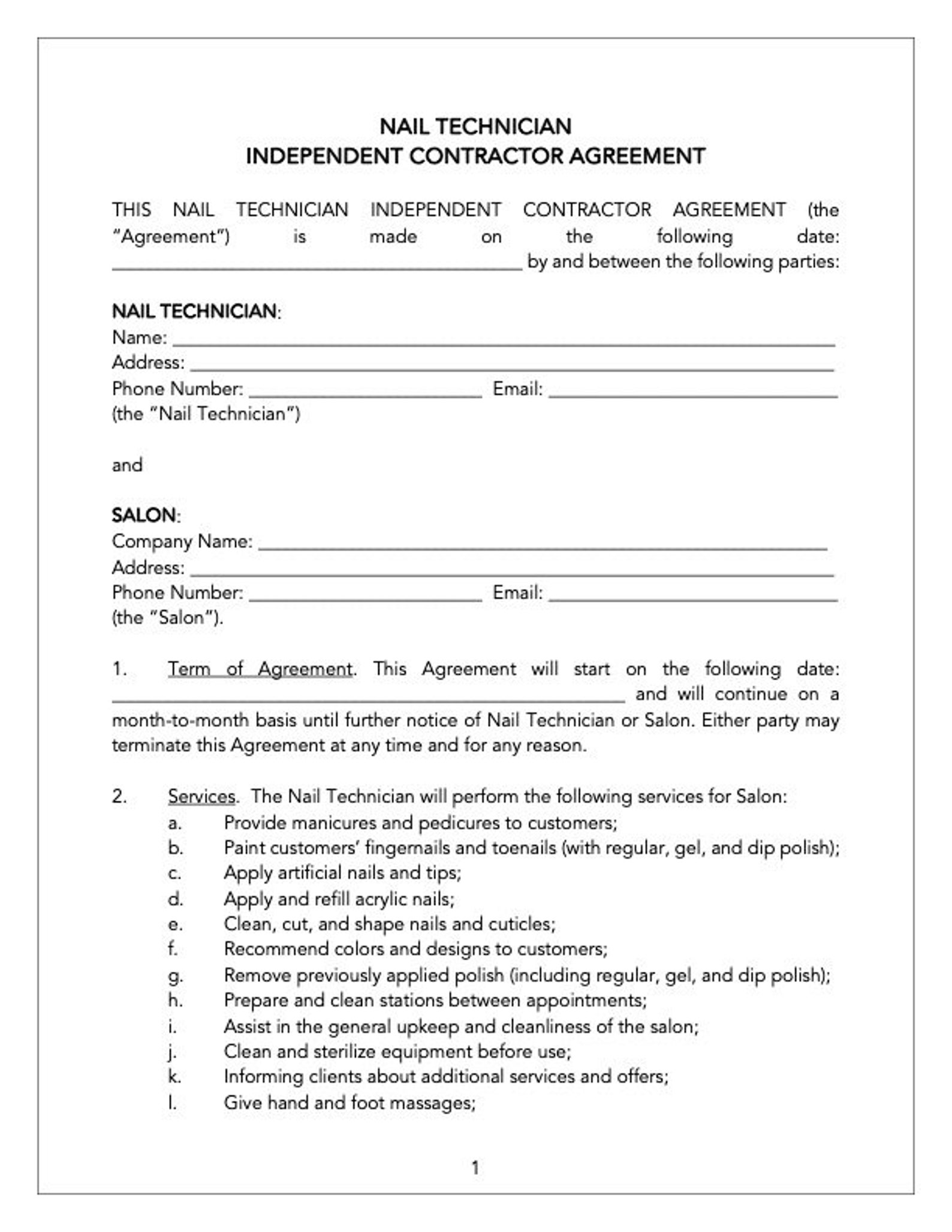 Nail Tech Independent Contractor Agreement With Non Compete and Non ...