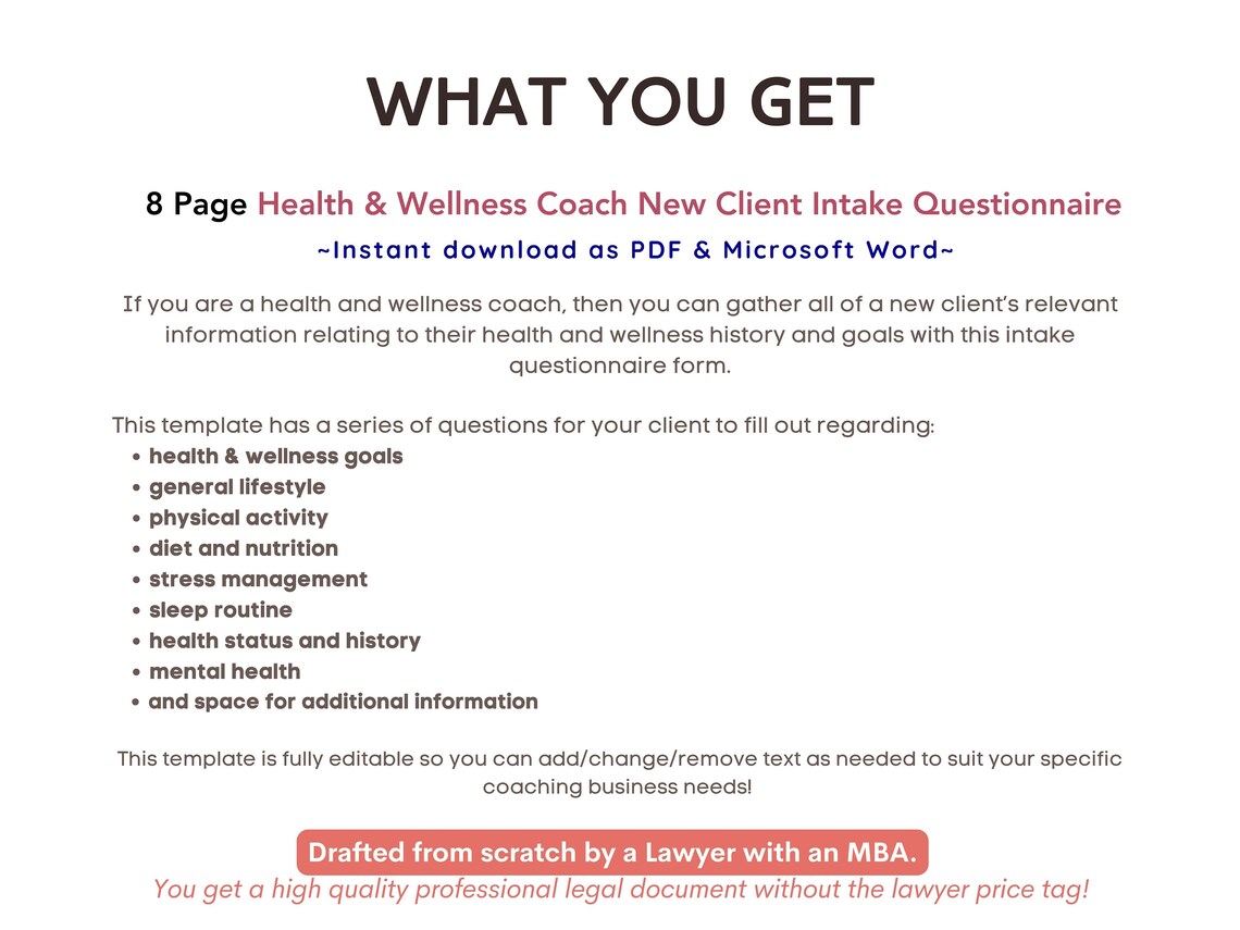 Health Coach Client Questionnaire for Wellness Coaching Intake Form ...