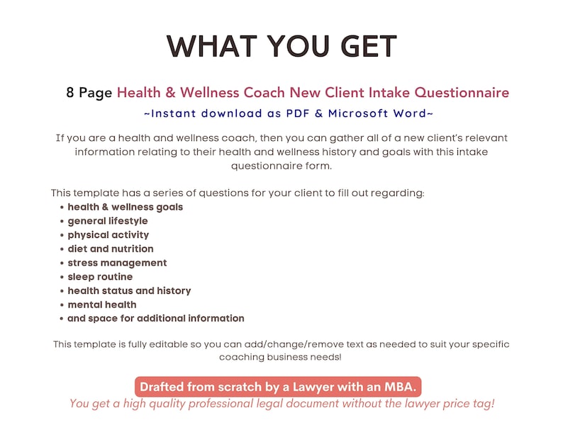 Health Coach Client Questionnaire for Wellness Coaching Intake Form ...