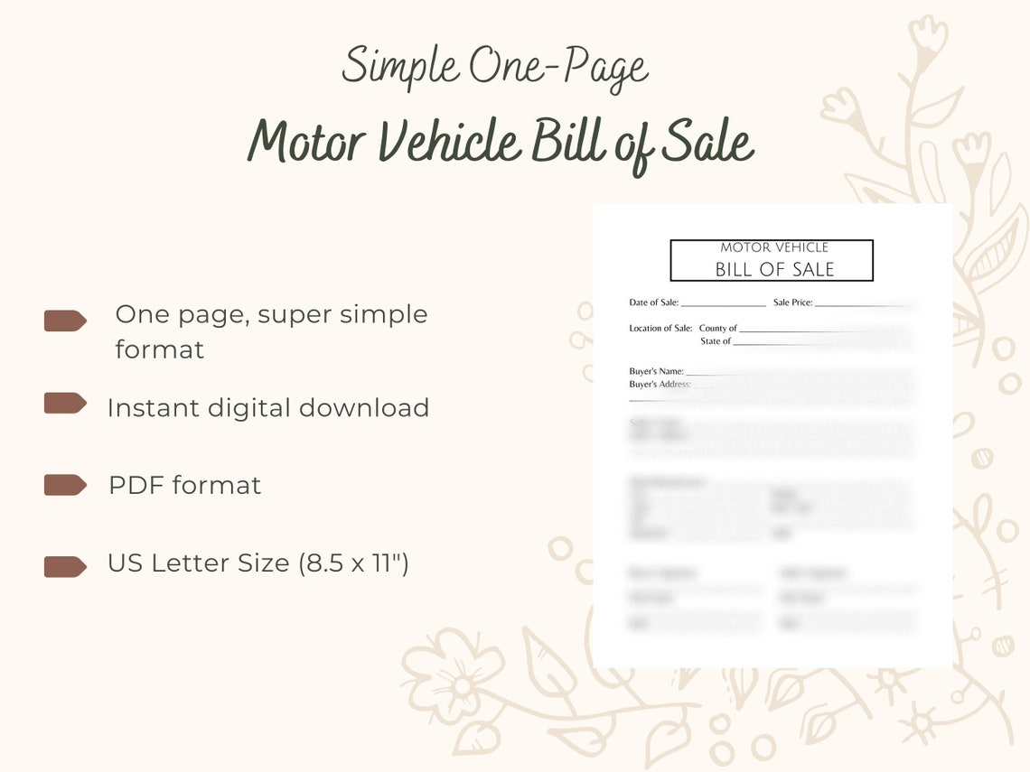 Car Bill of Sale, BOS Template, Motor Vehicle Bill of Sale Form ...