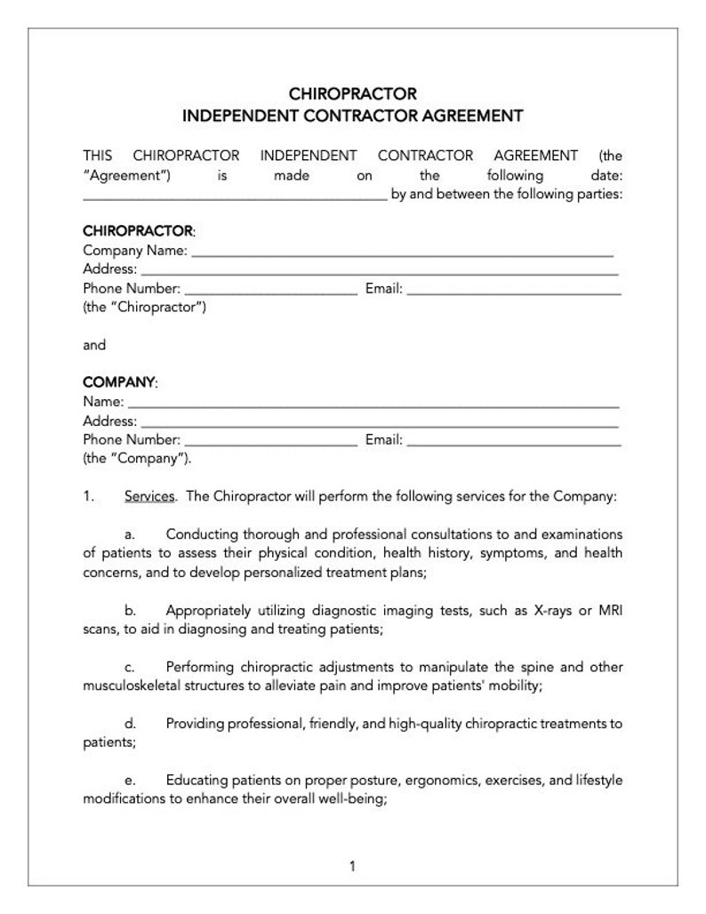 Chiropractor Independent Contractor Agreement, 1099 Chiropractor ...
