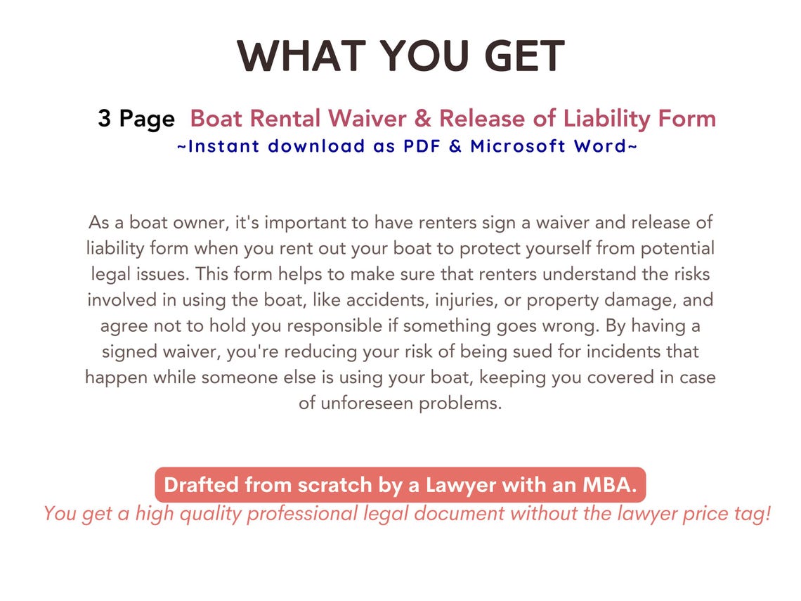 Boat Rental Waiver Form Boating Release of Liability Boat Owner Hold ...
