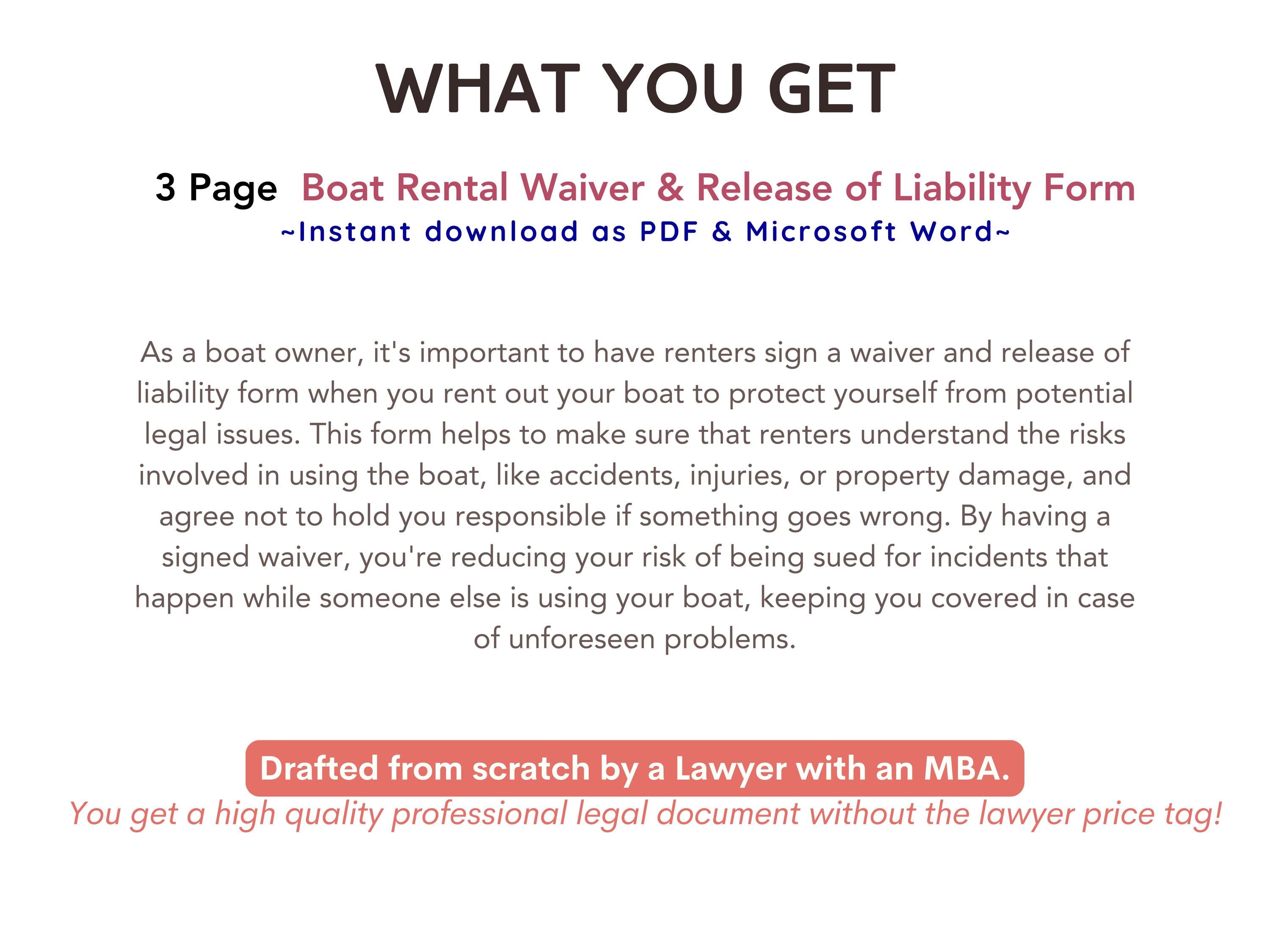 Boat Rental Waiver Form Boating Release of Liability Boat Owner Hold ...