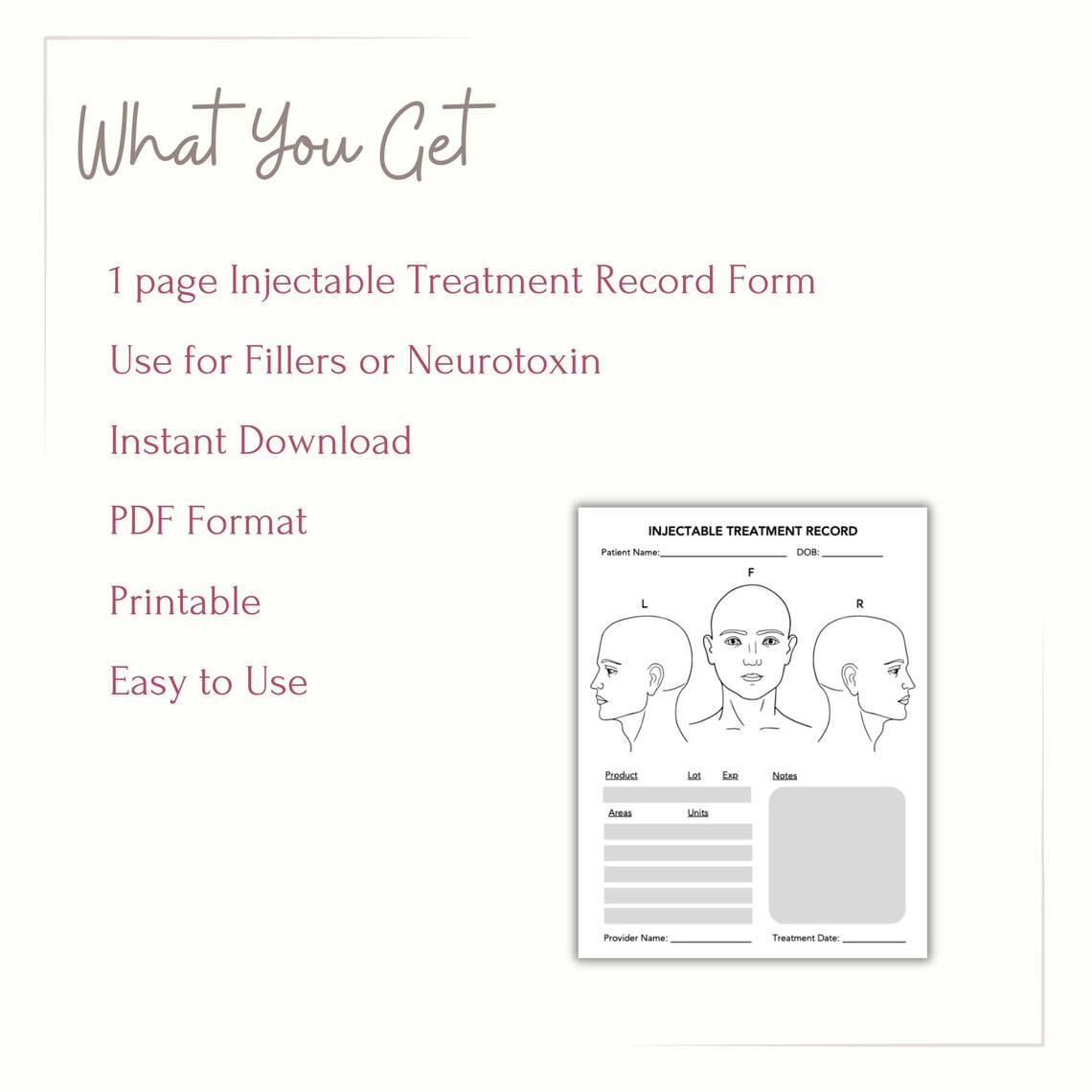 Injectable Treatment Record Form, Botox Treatment Form, Filler ...