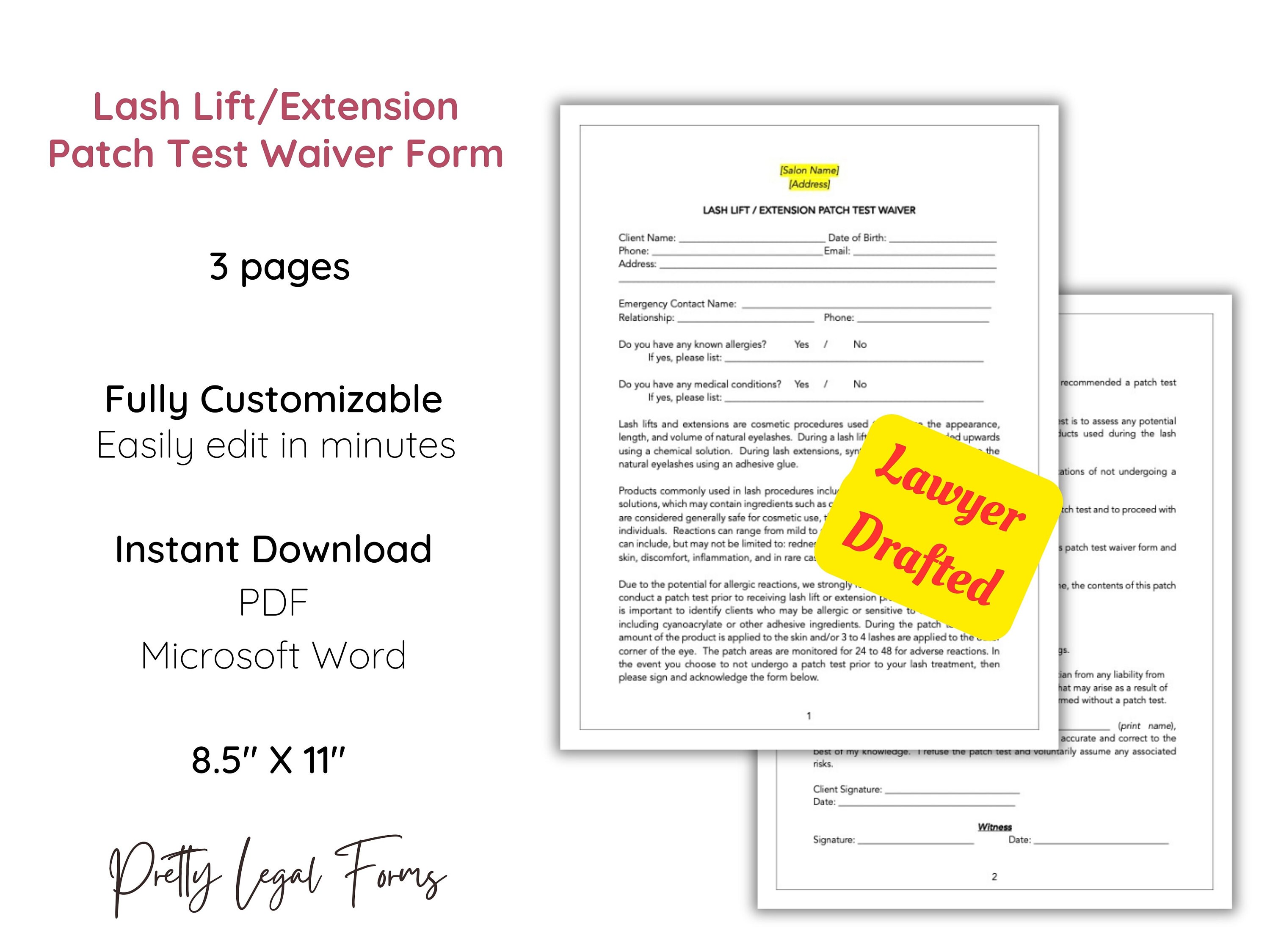 Lash Patch Test Waiver Form, Lash Lift Patch Testing Waiver, Eyelash ...