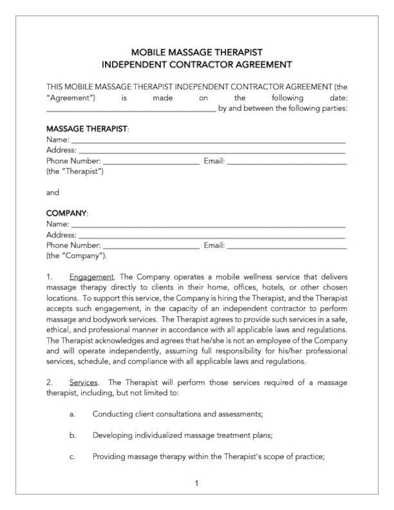 Mobile Massage Therapist Independent Contractor Agreement 1099 Massage ...