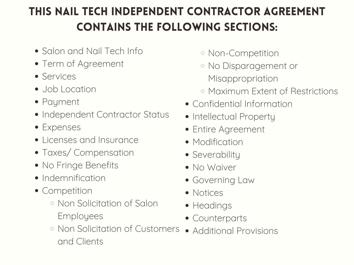 Nail Tech Independent Contractor Agreement With Non Compete and Non ...